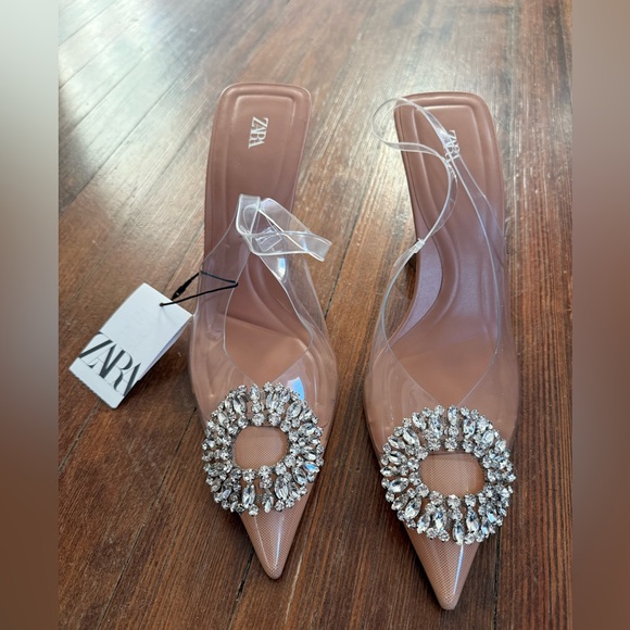 Zara | Shoes | Zara Womens Nude And Clear Embellished Strappy Heels ...
